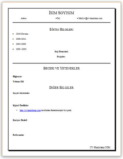 Boş CV Örnekleri - Boş CV Word İndir | CV Hazırlama